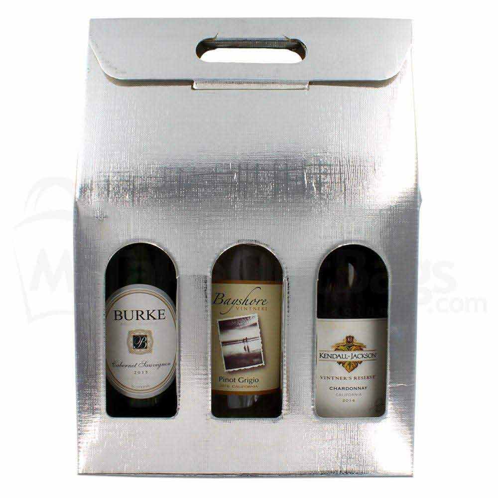 Argento Metallic Silver Embossed 3-Bottle Wine Carrier Boxes | Handled ...