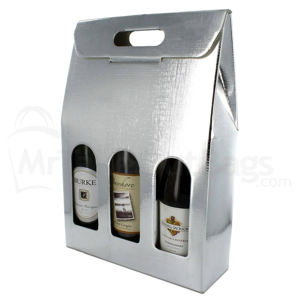 Argento Metallic Silver Embossed 3-Bottle Wine Carrier Boxes | Handled ...